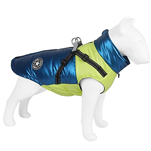 BAEJMJK Dog Reflective Winter Coat with Harness Warm Cold Weather Jacket for Small Medium Dogs Zip Up Turtleneck Puppy Vest with D-Ring Waterproof Windproof Dog Winter Clothes(Blue,2X-Large)