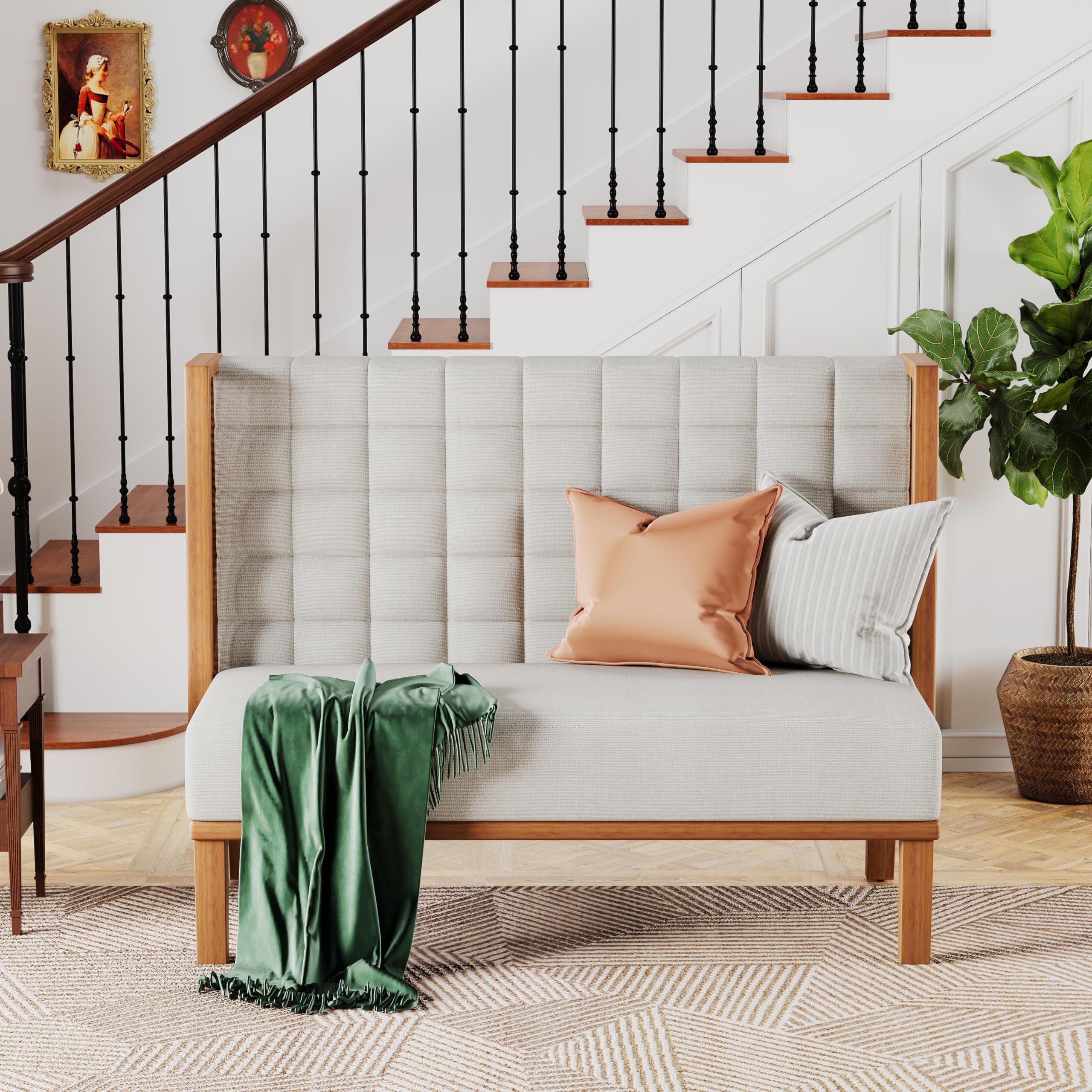 Andeworld Loveseat Settee Bench with Rattan Arms, Upholstered Modern Mini High-Back Sofa Couch,Banquette Dining Bench for Living Dining Room Bedroom Office Small Space Entryway,Beige