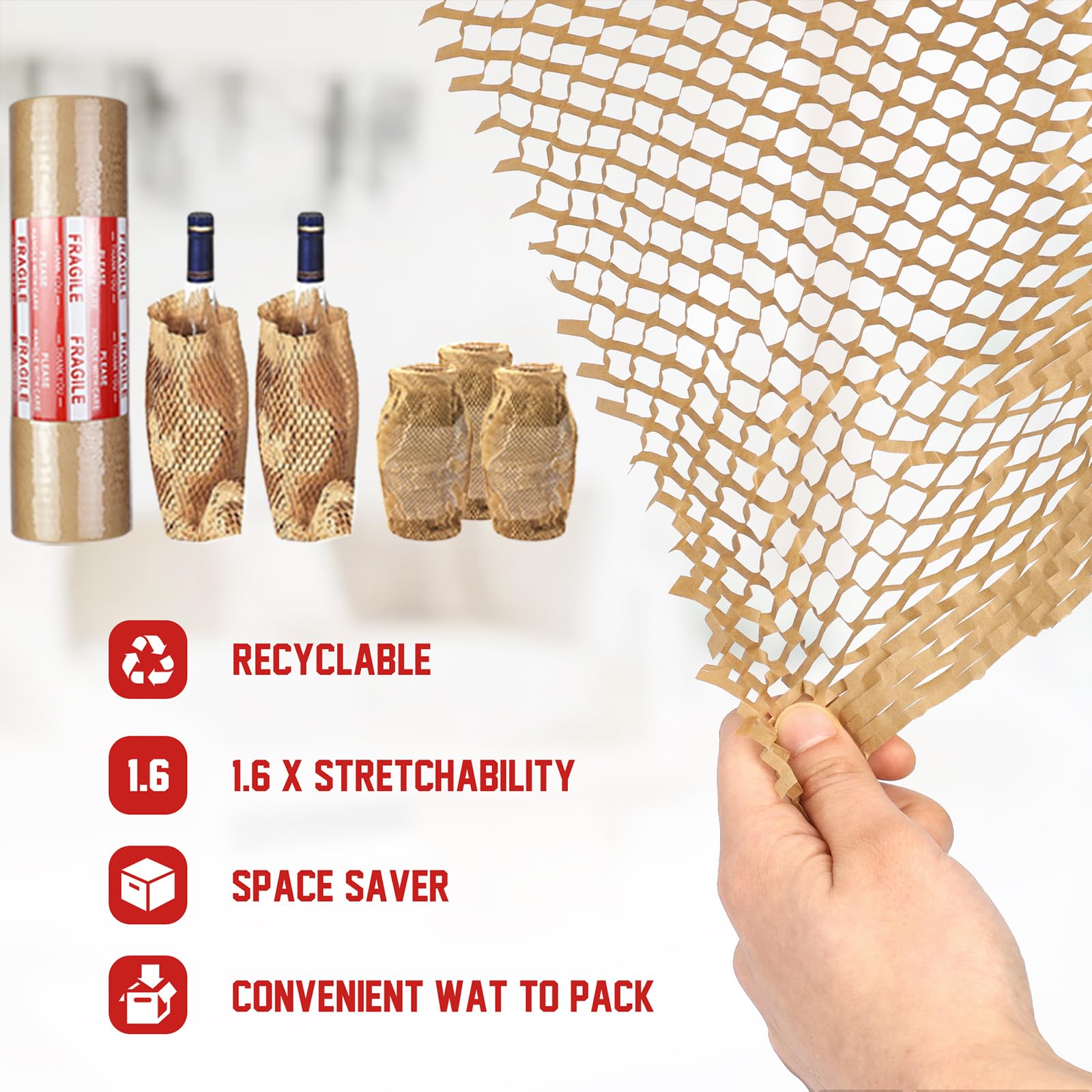 HOOPLE Honeycomb Packing Paper15x1968 Inches, Packing Paper for Moving, Biodegradable Moving Supplies Bubble Packing Wrap Protective Roll With 30 Fragile Stickers. (black 15"x164')