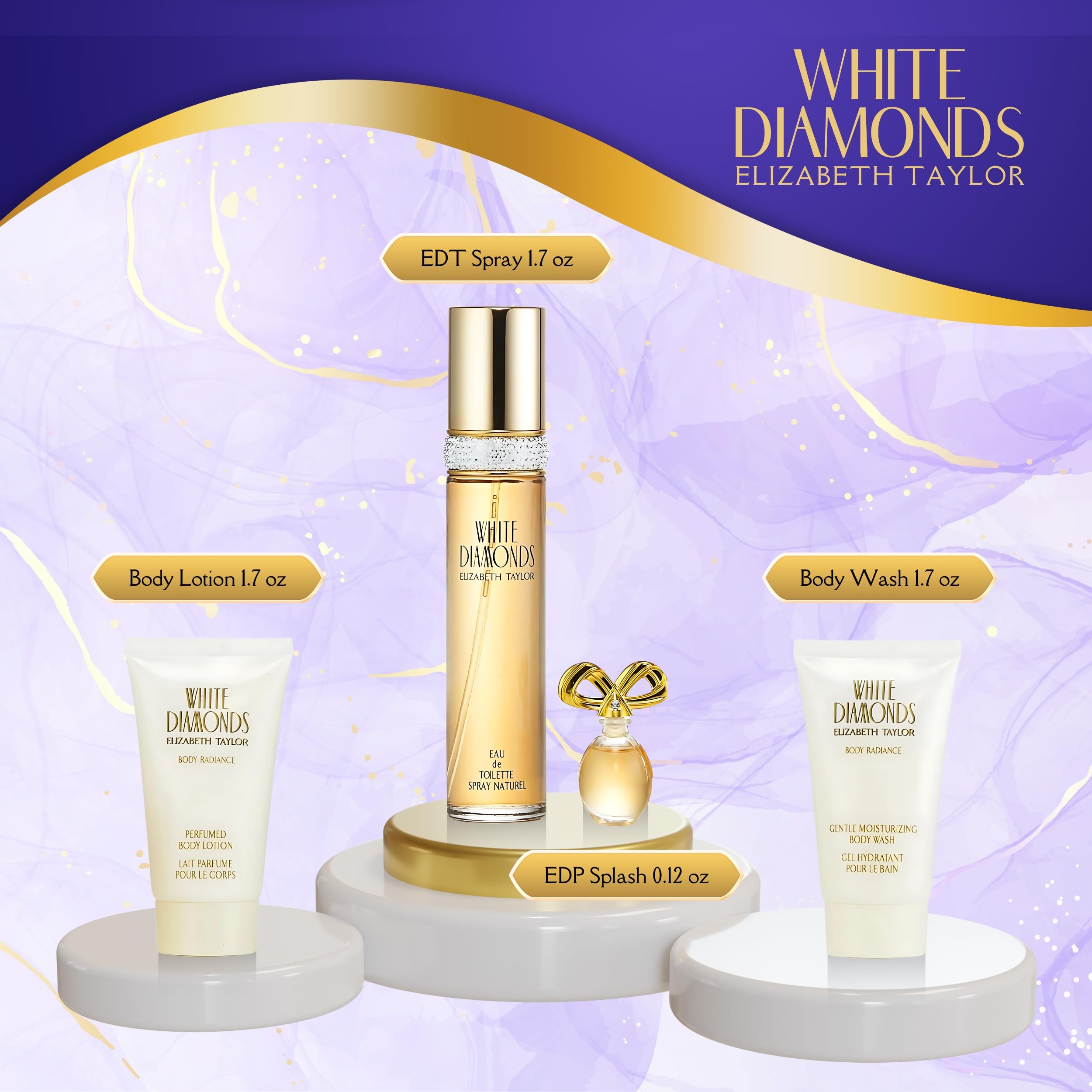 Elizabeth Taylor White Diamonds Perfume for Women EDT 4 Piece Gift Set 1.7 Ounce