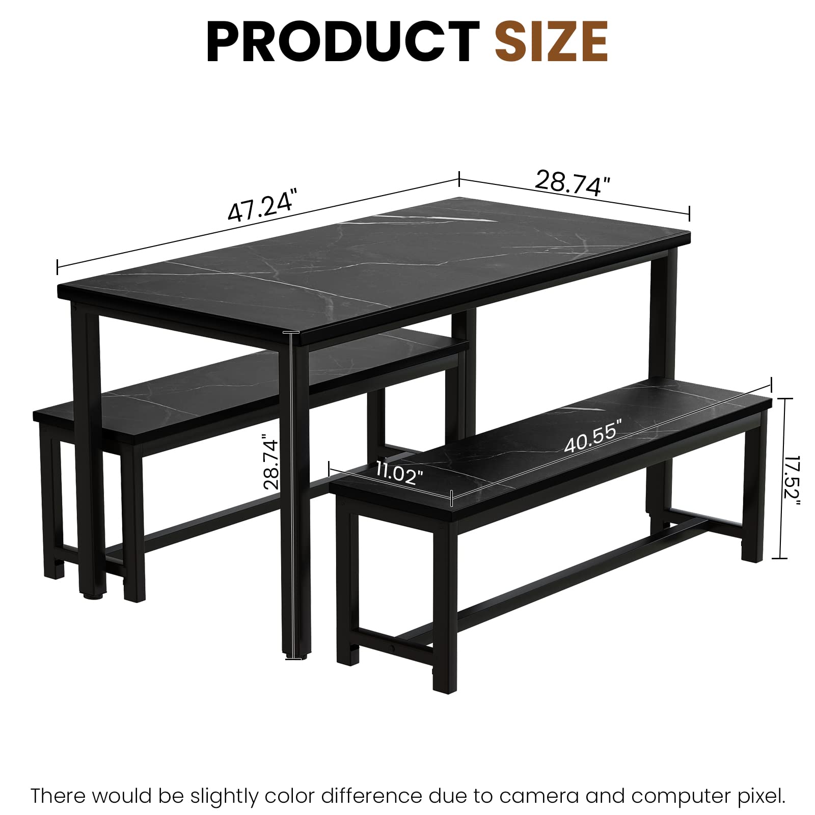 AWQM 47'' Dining Table with Bench, Dining Room Table Set for 4-6, Modern Kitchen Table and Chairs Set, Faux Marble Kitchen Breakfast Set for Apartment, Small Space, Breakfast Nook, Black