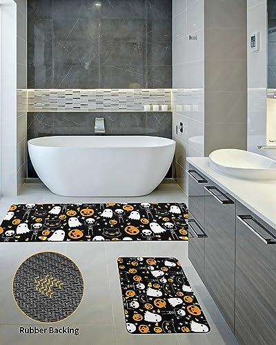 Black Halloween Bath Mat for Tub,Non Slip Bathroom Floor Runner Rug Quick Dry & Absorbent Diatomaceous Earth Shower Sink Kitchen Washable Doormat,Spooky Pumpkin Ghost Skull Cat Horror 18x30+18x48
