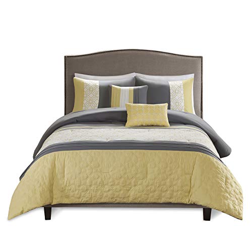 510 DESIGN Cozy Comforter Set - Geometric Honeycomb Design, All Season Down Alternative Casual Bedding with Matching Shams, Decorative Pillows, Full/Queen (90"x90"), Yellow/Grey 5 Piece