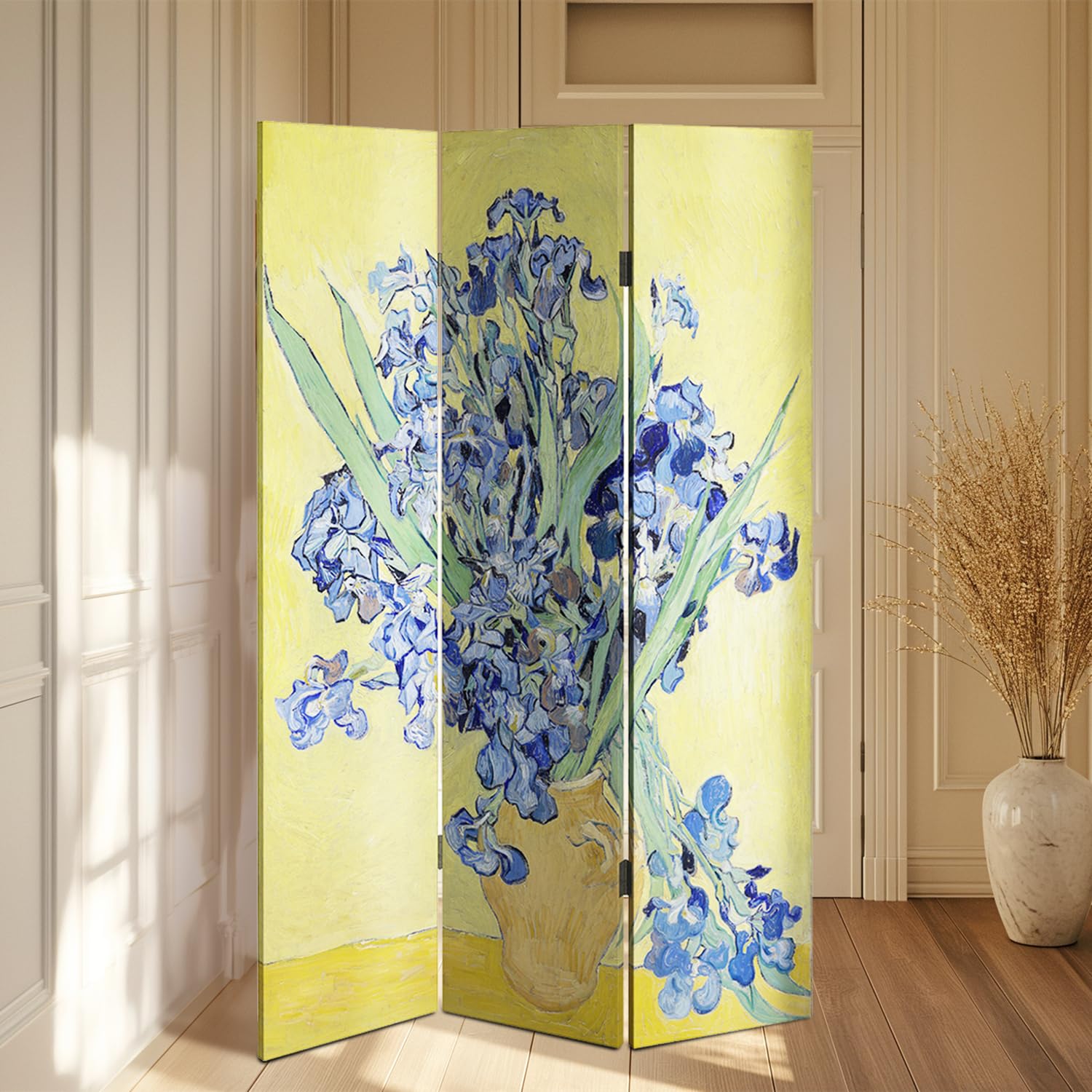 ARSTRIA 3-Panel Folding Room Divider Privacy Screen Van Gogh's Vase with Irises Against a Yellow Background Painting Canvas Foldable Portable Room Separating Divider Partition Freestanding 71'' H