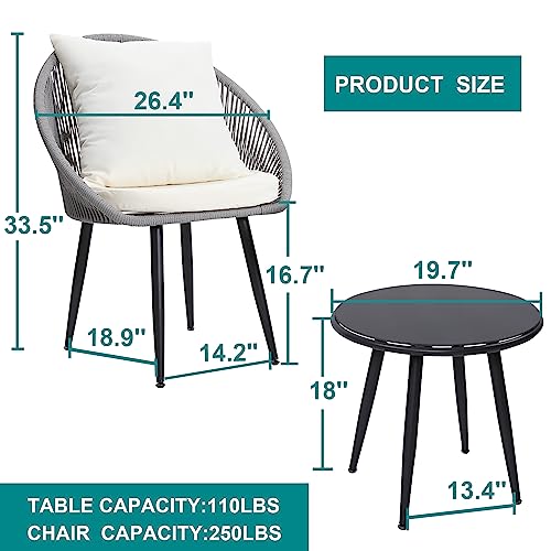 BETTAHOME 3 Piece Bistro Set, Patio Furniture Set with Cushion and Pillow, Outdoor Balcony Woven Chairs and Table, Grey and Black