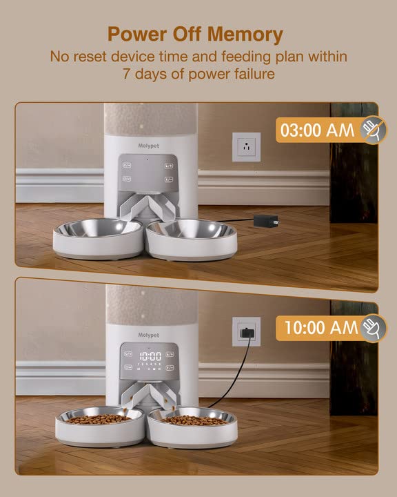 Molypet Automatic Cat Feeders for 2 Cats - 6L Cat Food Dispenser with Double Bowls, Programmable Timed Cat Feeder up to 6 Meals per Day with 10S Voice Recorder, Support Dual Power Supply