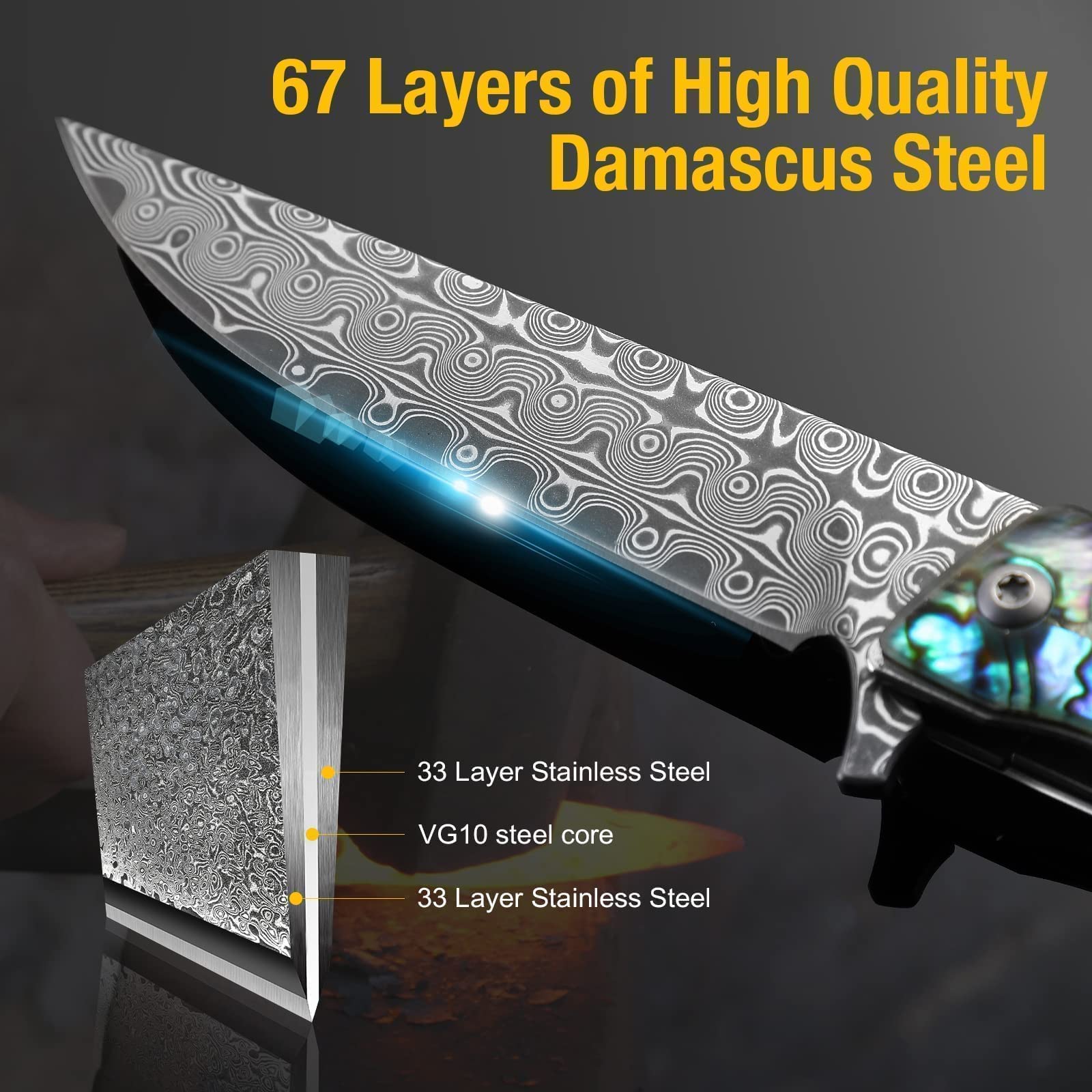 AUGENWEIDE Damascus Steel Pocket Knife, Abalone Handle, Damascus Knife with for Men, Great As Father's Valentine's Day Christmas Day Gift (A-KNIFE WITH SHEATH)