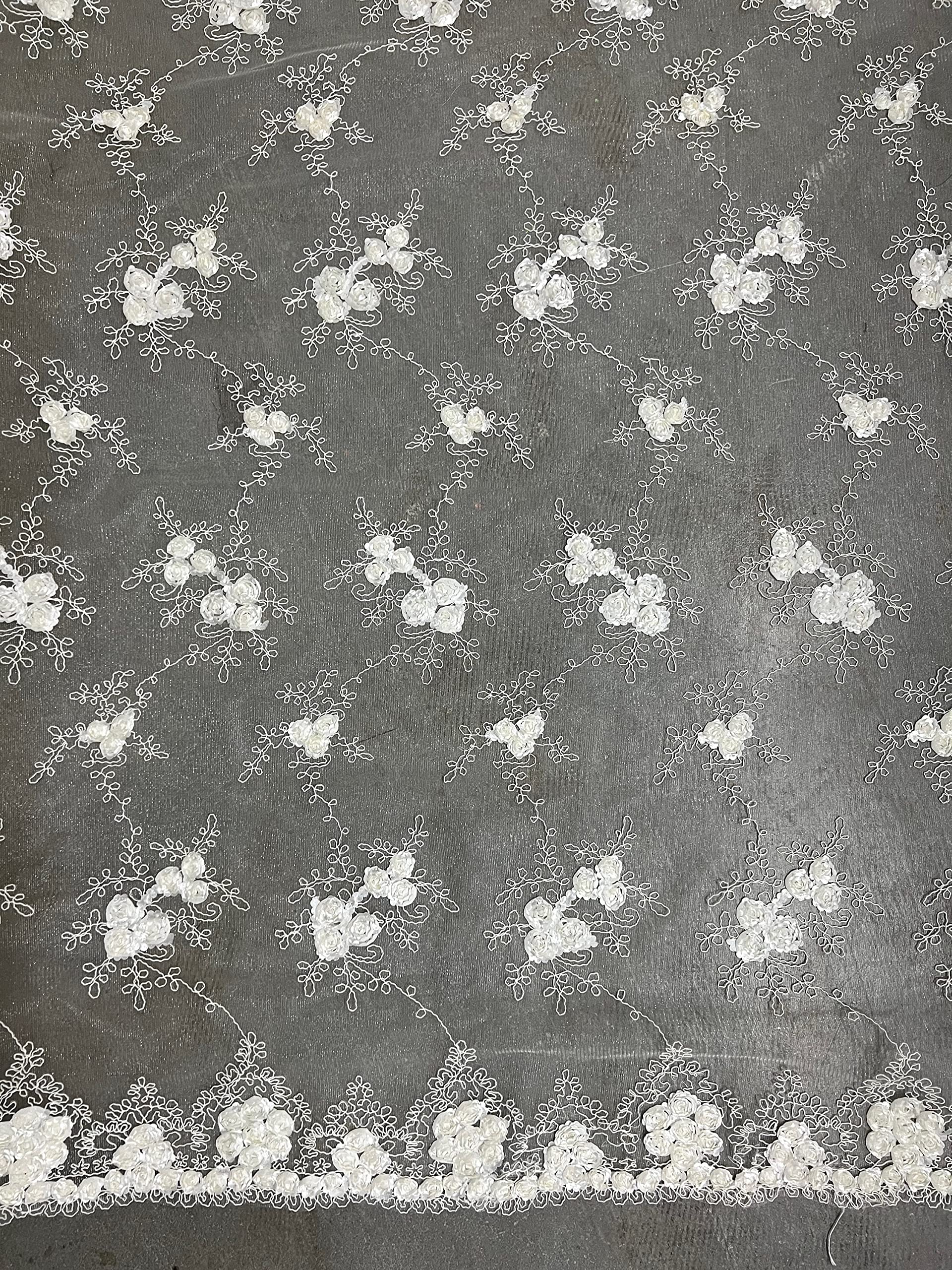 Andrea Ivory 3D Floral Matte Corded Embroidery on Mesh Lace Fabric by The Yard - 10016
