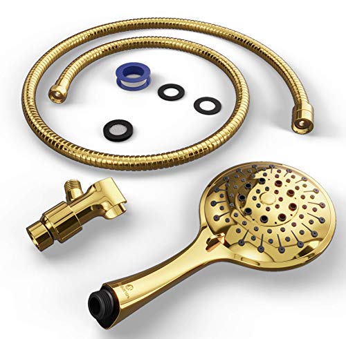 Aquarius Gold Shower Head With Handheld Sprayer, 6 Spray Settings High Pressure Polished Brass Shower Head With Hose (Extra Long) & Adjustable Brass Ball Bracket Kit, Shower Head Gold Finish