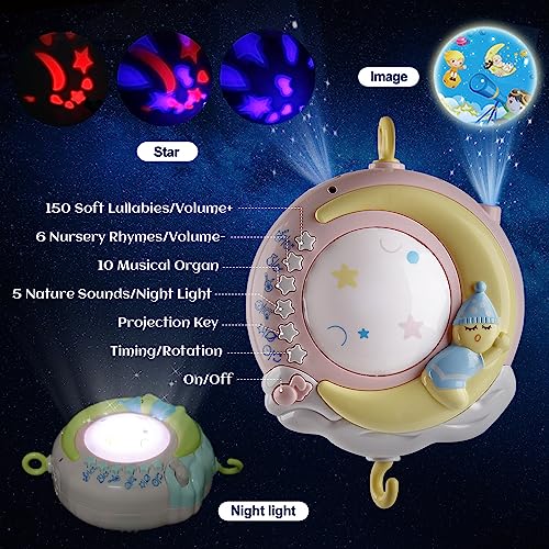 Baby Musical Crib Mobile with Timing Function Projector and Lights,Hanging Rotating Rattles and Remote Control Music Box with 150 Melodies,Toy for Newborn 0-24 Months