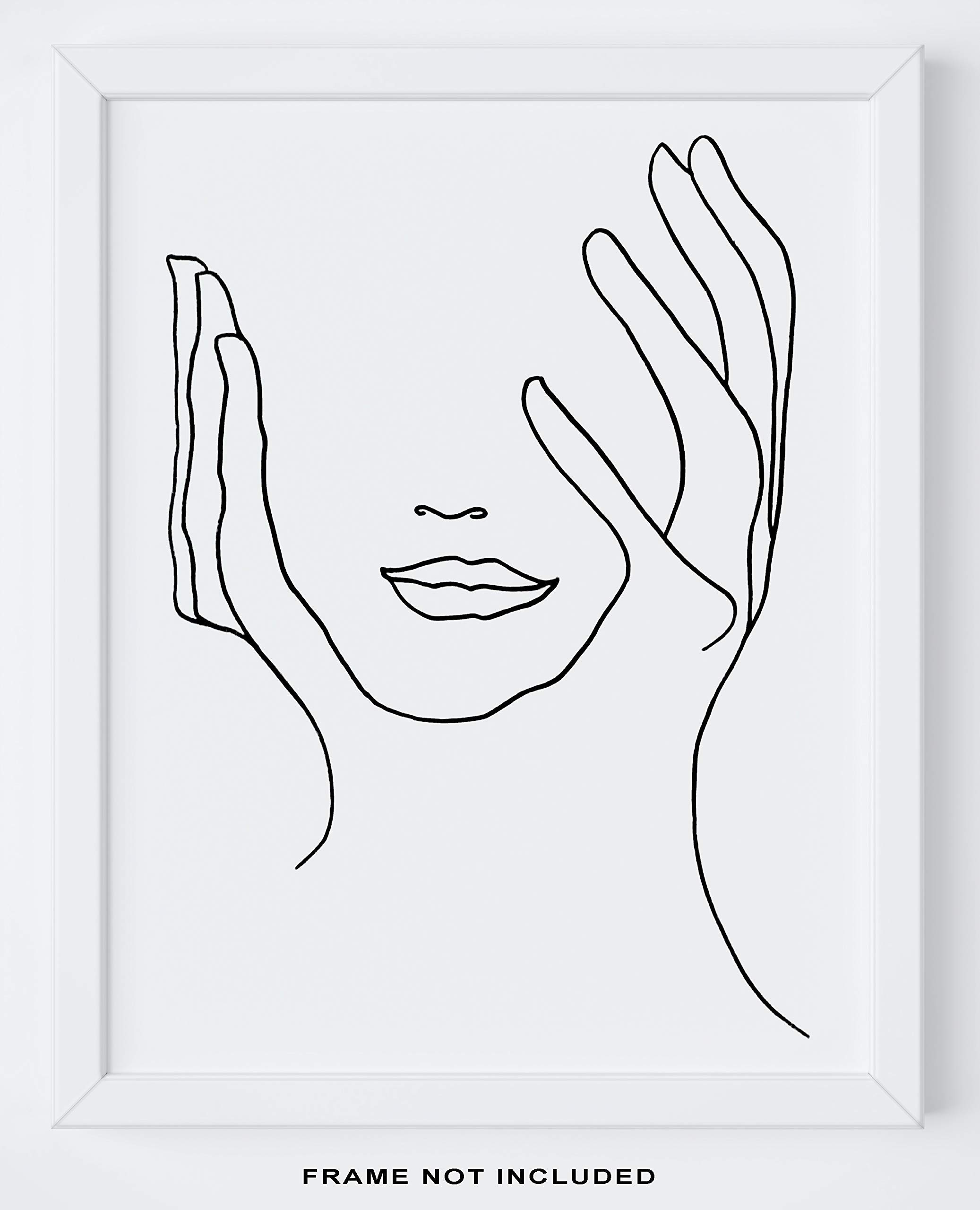 Abstract Minimalist Line Wall Decor - 11x14" UNFRAMED Print - Modern, Minimal, Black And White Drawing - Female Face And Hands Silhouette Wall Art