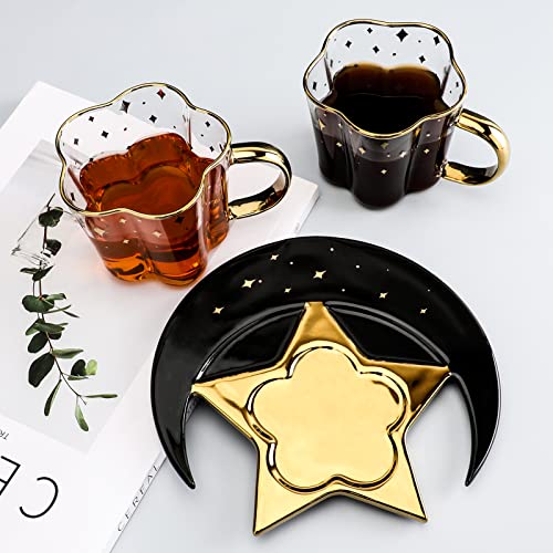 8.1 oz/240 ml Glass Coffee Cup And Ceramic Star Moon Saucer With Spoon Set Golden Handle Glass Cup Afternoon Tea Juice And Water Drinks cup (black)