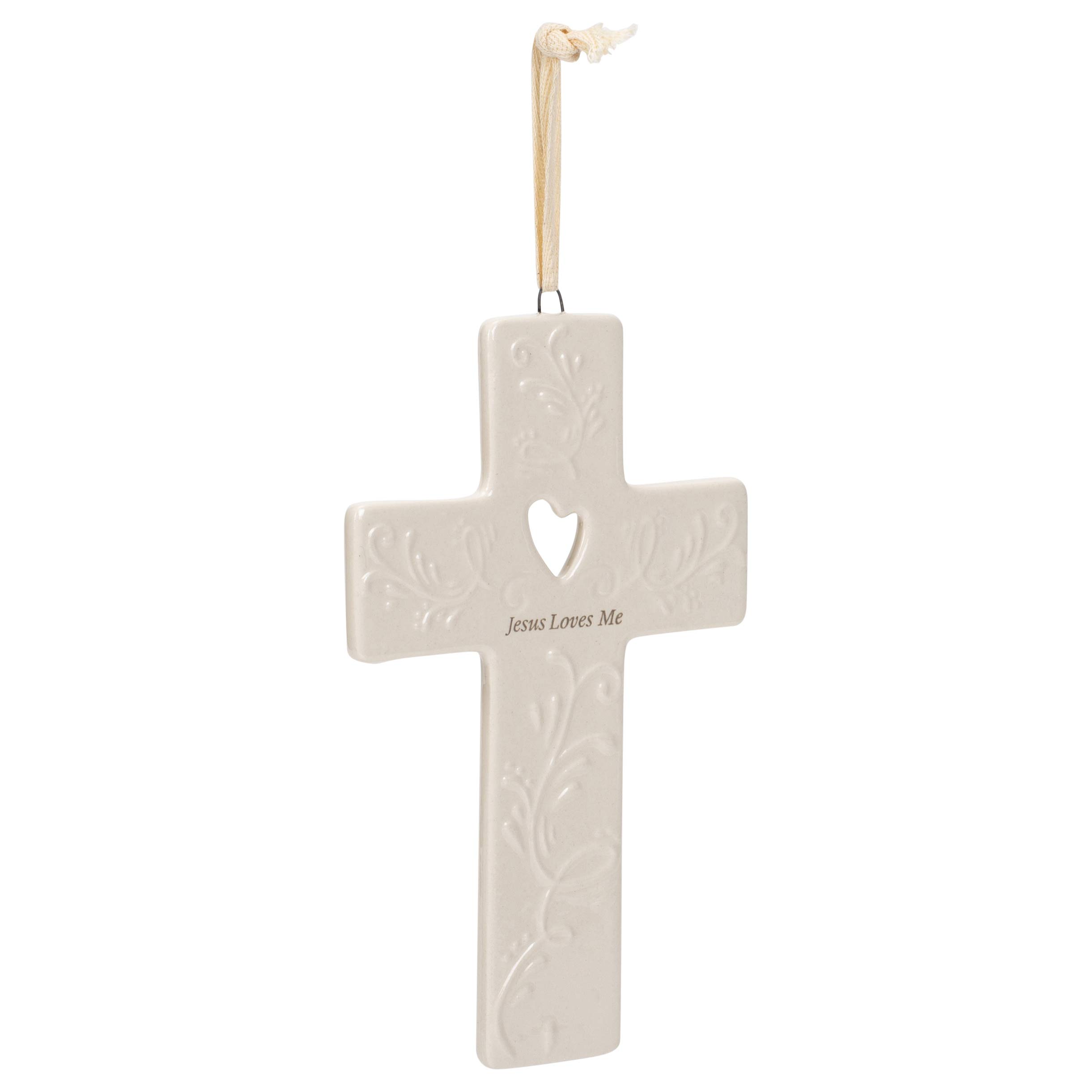 Jesus Loves Me Filigree Heart 7 x 4 Ceramic Stoneware Crib Cross