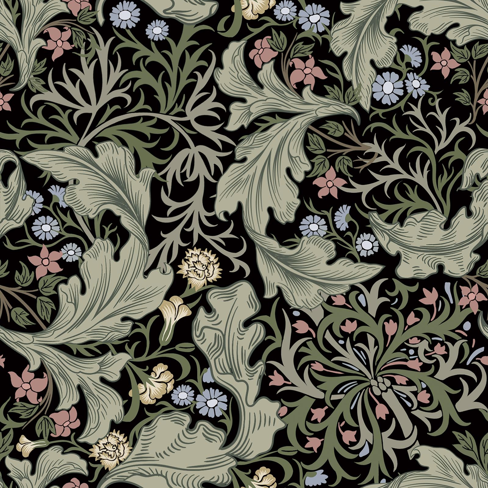 Anmon Willian Morris Peel and Stick Wallpaper, Thicken Self Adhesive and Removable Vintage Green Leaf Floral Wall Paper, Victorian Boho Contact Paper for Cabinets and Home Wall Decor 17.7in×118in
