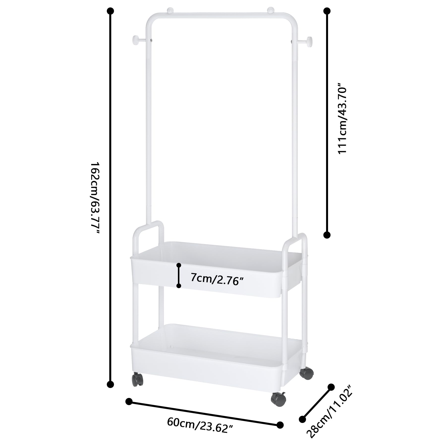 ACCSTORE Metal Clothing Racks, Freestanding Trolley Coat Rack With Wheels,Garment Rack For Storage,Clothes Rack,Heavy Duty Clothing Rack,Garment Racks With 2 Tier Plastics Storage Shelf,White