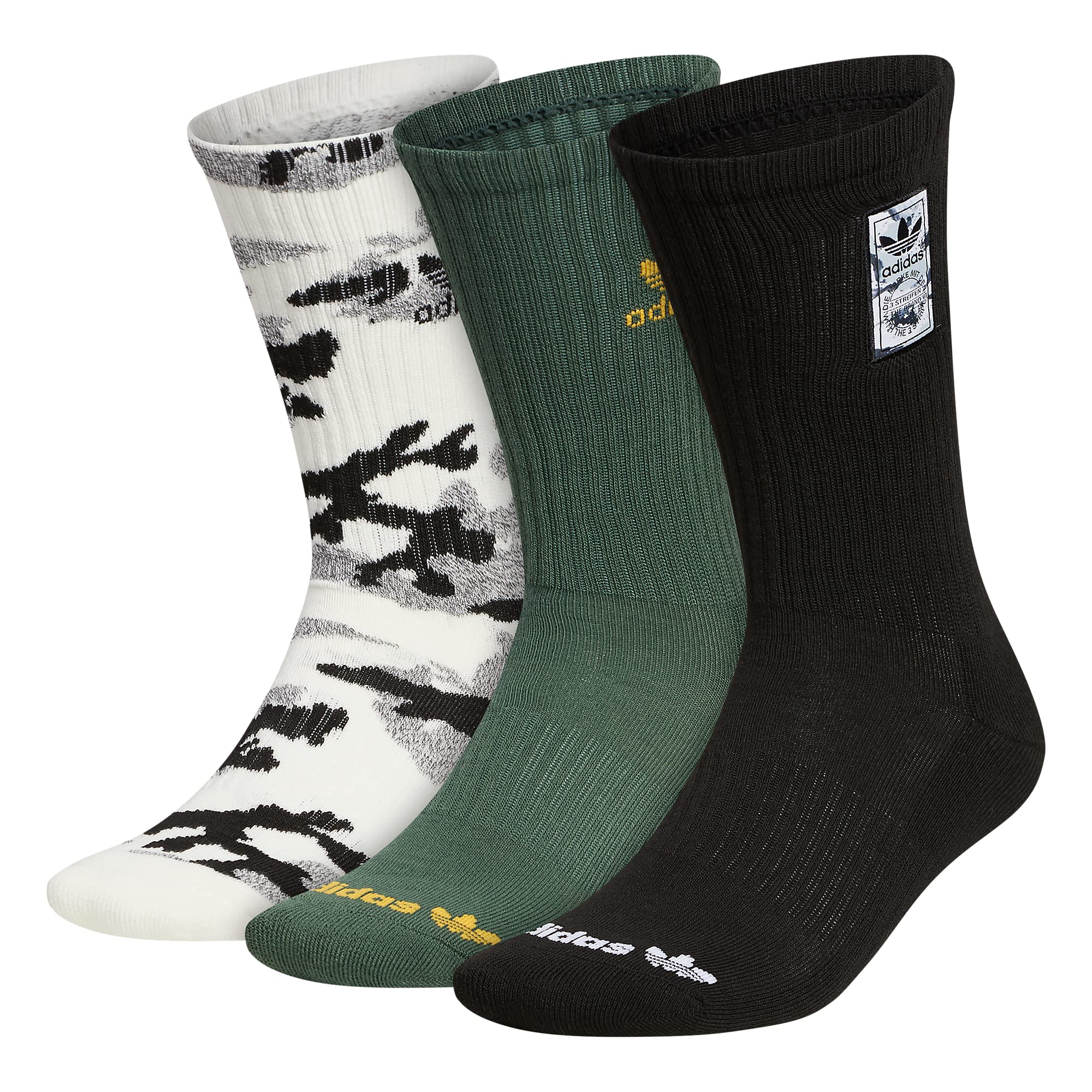 adidas Originals Mixed Graphics Cushioned Crew Socks (3-Pair), White/Preloved Brown/Preloved Yellow, Medium
