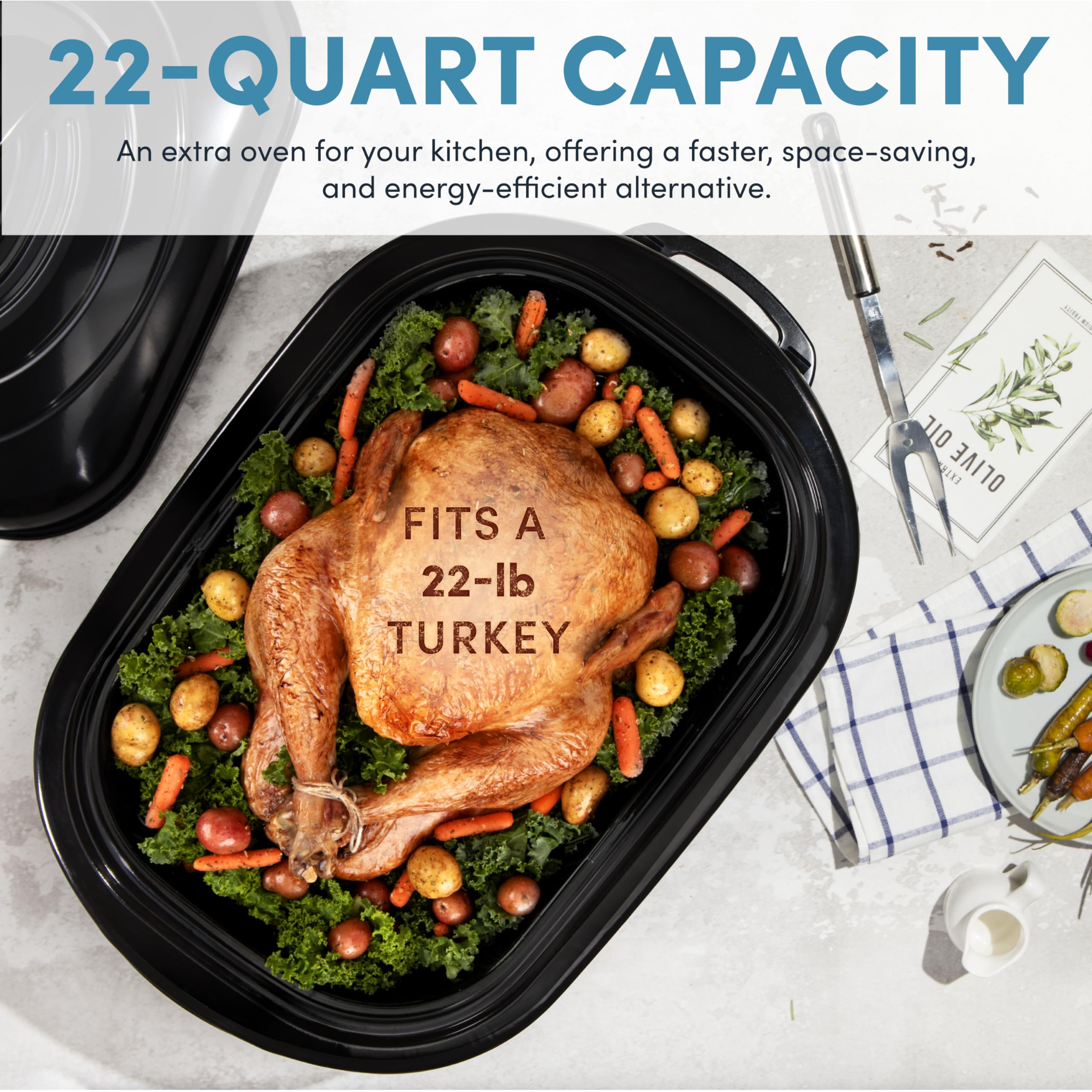 AROMA 18Qt. Roaster Oven with Self-Basting Lid, Fits 22-lb. Turkey, Adjustable Temperature Settings, Keep Warm Setting, Black (ART-718B)