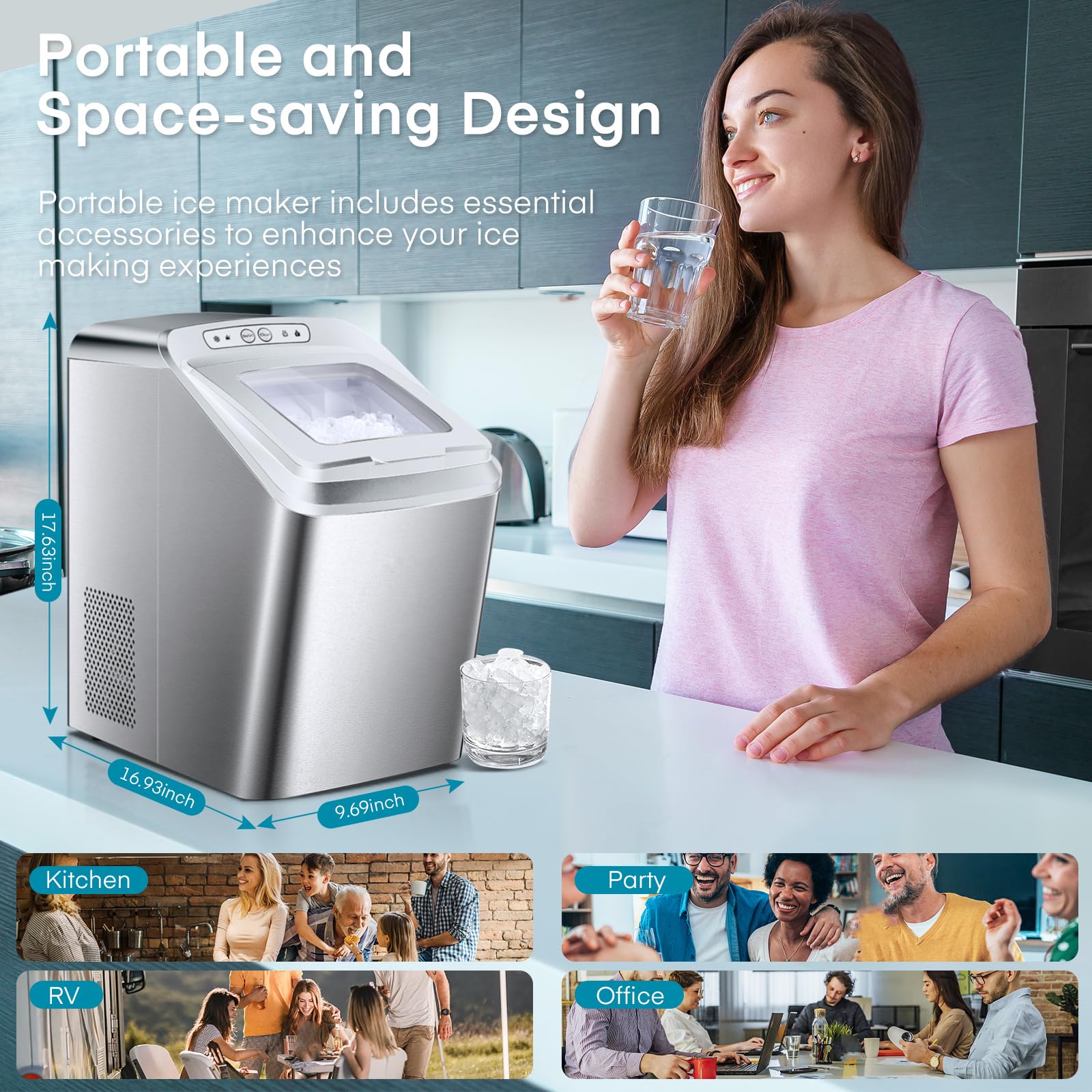 55lbs Countertop Nugget Ice Maker – Pebble Ice Machine, Soft Chewable Pellets in 5 Min, 55Lbs/24H, 3lb. Capacity, Waterline-Compatible, Self-Cleaning, Stainless-Steel + Scoop (Black)