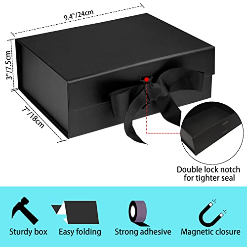 Black Luxury Magnetic Gift Box with Lid, Ribbons and Gift Bag, Medium Size-9.4x7x3 Inches, Great for Business, Christmas, New Year, Wedding, Birthdays, Groomsman, Husband, Presents Display and Packging