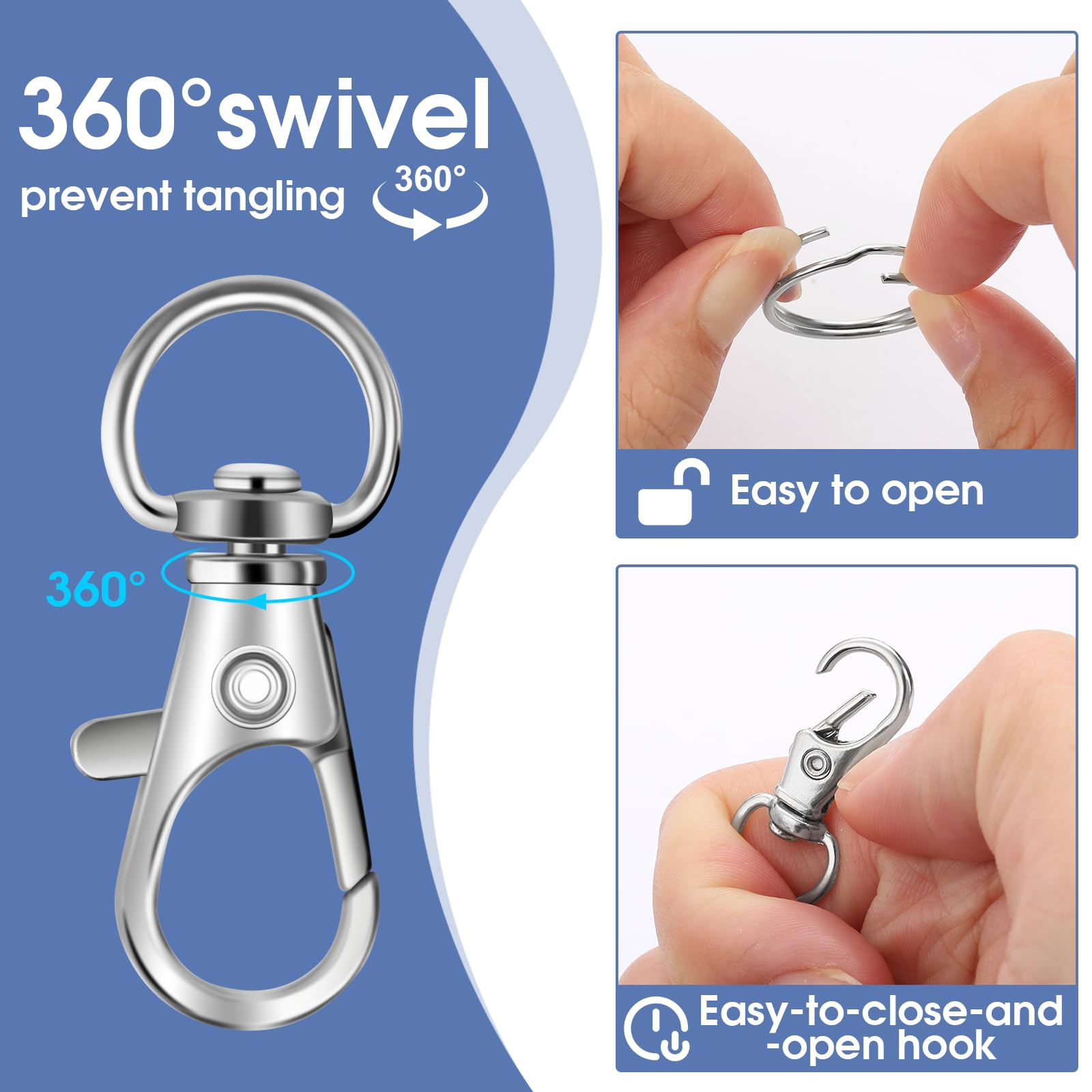 50 PCS in 25 Sets, Metal Swivel Lobster Claw Clasps, Keychain Clip with Large Key Ring, Premium Keychains Clips, Snap Hooks and Sturdy Key Rings, for Key Chain Making Kit,HnoaTovy (Silver)
