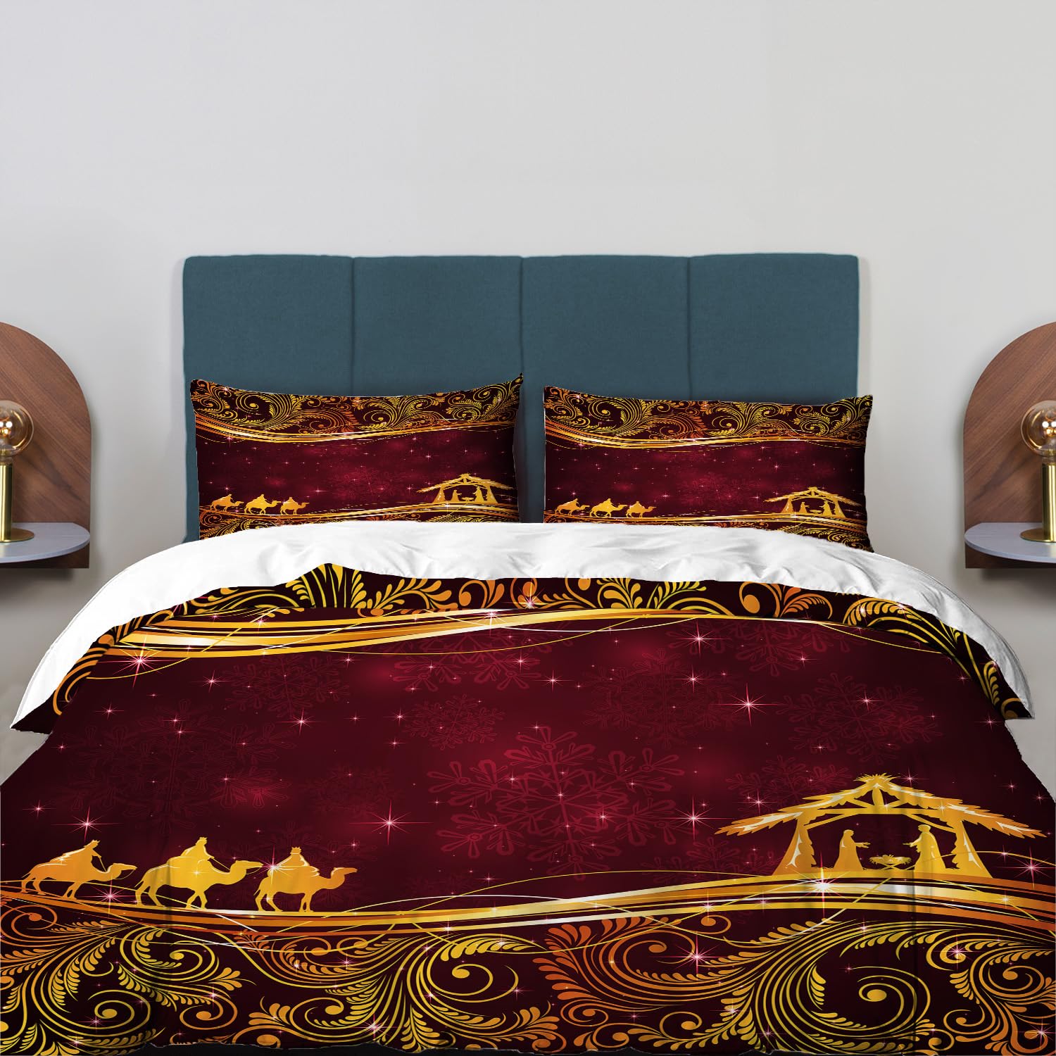 BaoNews Christmas Wise Men Duvet Cover Set Queen Size,3 Pieces Golden Star of Bethlehem Golden Floral Bedding Set Hotel Quality 100% Cotton Comforter Cover Set with 2 Pillowcases(No Filler)