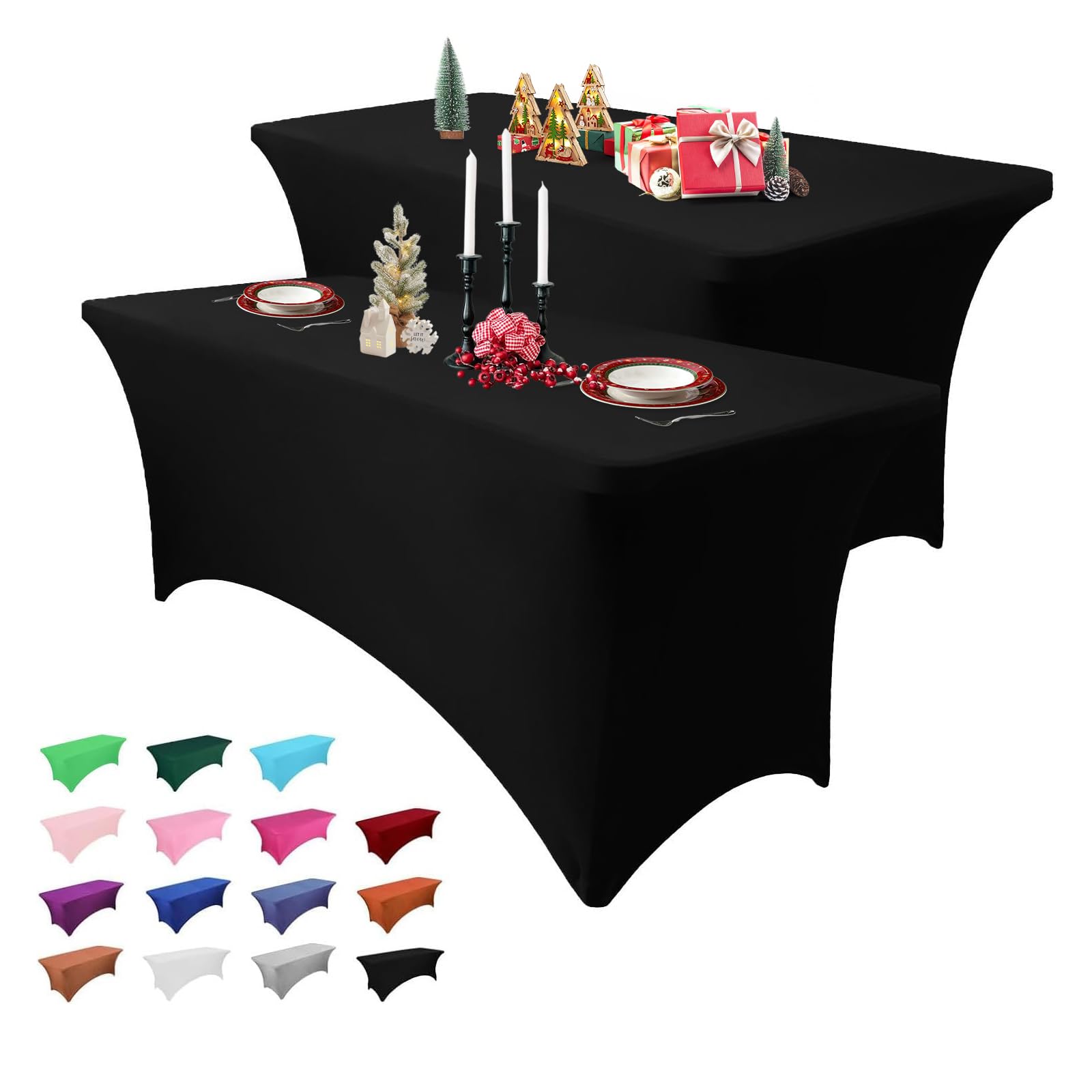 Heochy 2 Pack 6FT Table Cloth for Rectangle Table - Black Tablecloths Rectangular Fitted Stretch Spandex Table Covers 6 ft for Birthday, Cocktail, Wedding, Banquet Christmas Holiday Tablecloth