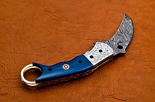 8.5" Handmade Damascus Folding Pocket Knife Karambit Knife Hunting Knife Handle Camel Bone Handmade Damascus Steel with Leather Sheath B50