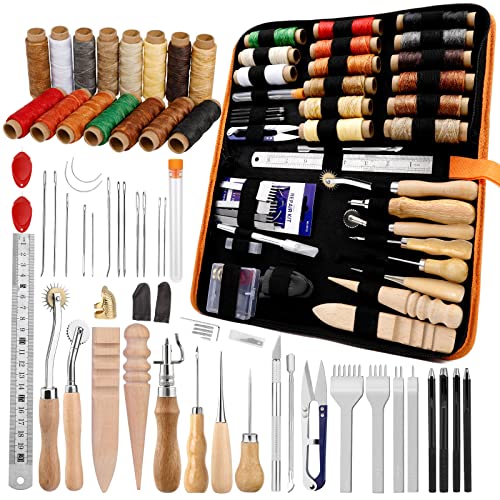 BAGERLA Leather Working Tools, Leather Sewing Kit with Waxed Thread Needle Awl Groover Tracing Wheel Prong Punch Storage Bag Leather Tools Kit Great for Leather Stitching and Leather DIY Crafting