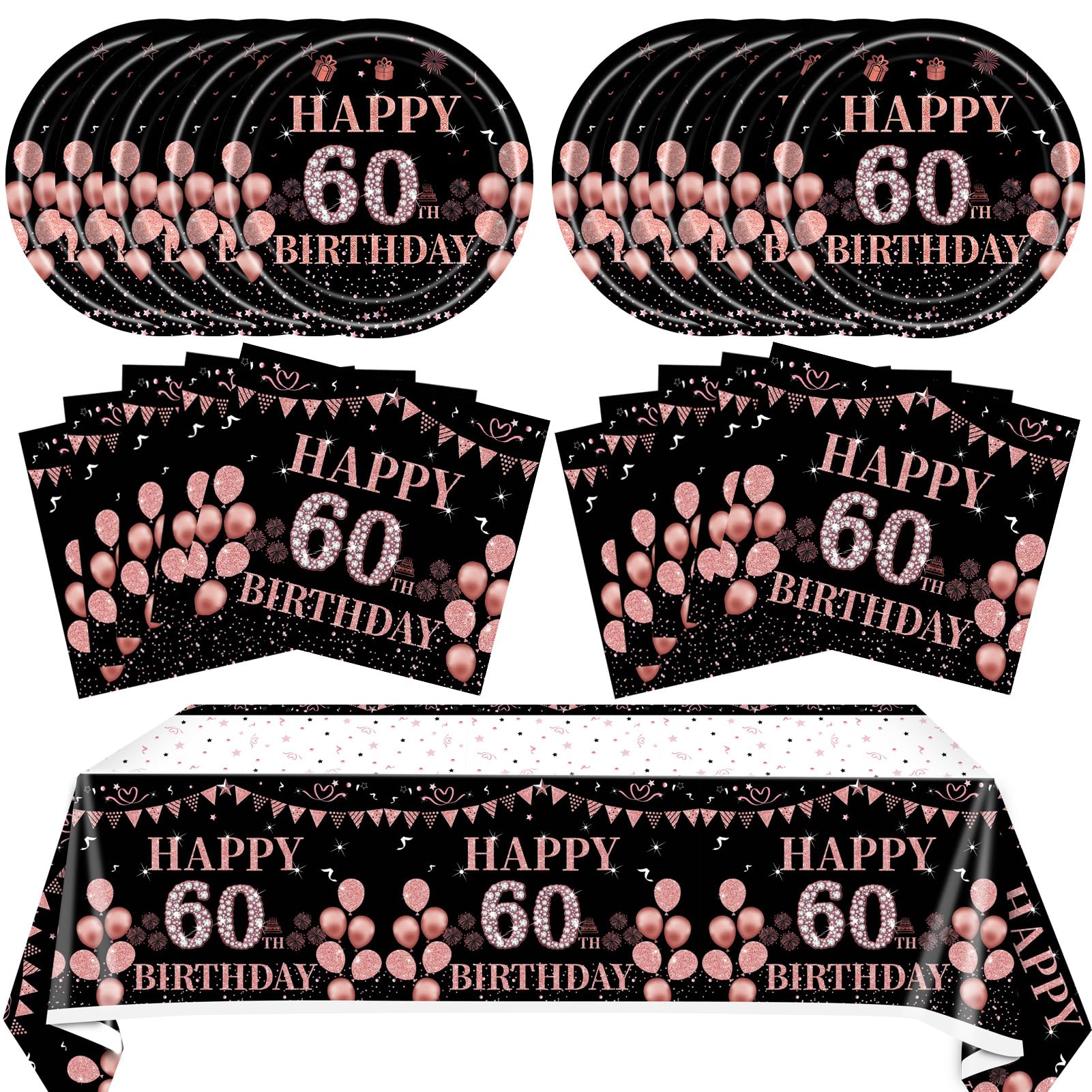 41PCS 60th Birthday Decorations for Women 60 years brithday party tableware set Plates Napkins tablecloth Vintage 1964 Party Supply Black And Rose Gold For Women