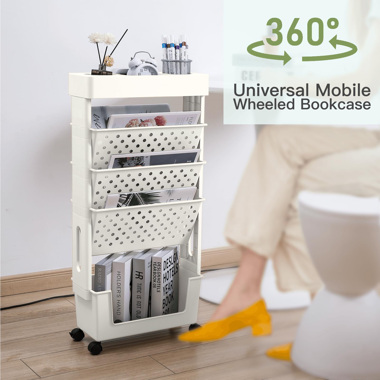 5-Tier Plastic Mobile Bookshelf with Wheels, Desk Organizer Document Folder File Storage with Pen Holder,Rolling Book Cart Movable Bookshelf for Office, Dorm, Classroom,Library, Living Room (White)
