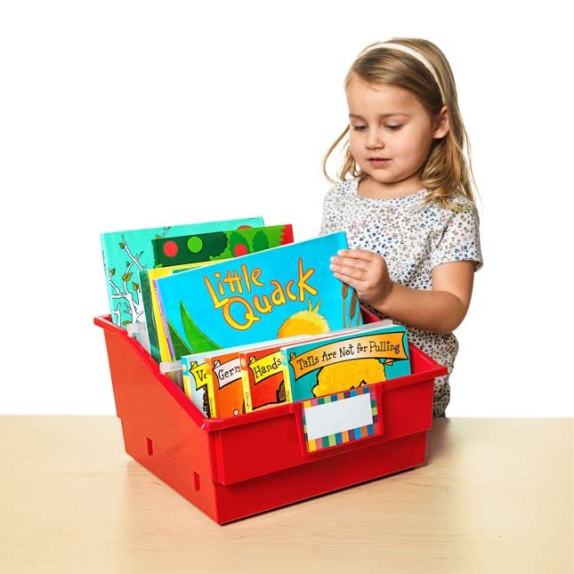Really Good Stuff Large Plastic Book Organizer Bins, Dividers, Built-in Label Holder, 13.5β by 13.5β by 7.75β (Set of 4, Primary Colors) - For Picture Books, Large Reference Books in Classroom or Home