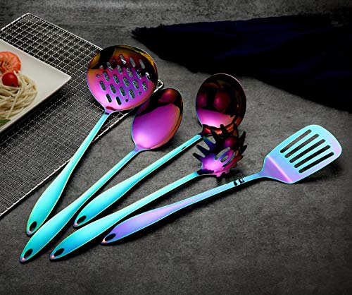 HOMQUEN Stainless Steel Kitchen Utensil Set - 5 Cooking Utensils, Rainbow Color Nonstick Kitchen Utensils Set, Colorful Titanium Plated Set Kitchen Tools Gadgets