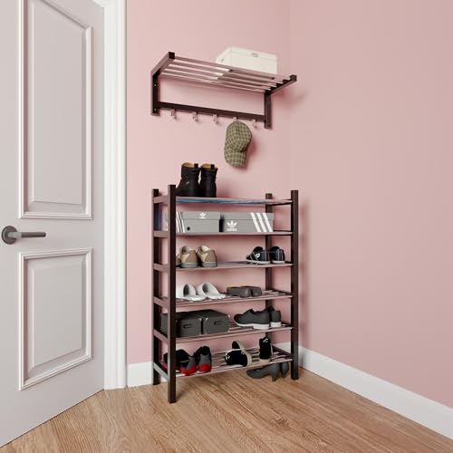 ARROWSTONE Black Shoe Rack 2 Tier, Solid Acacia Wood, 31" W Entryway Free Standing Shoe Rack, Stainless Steel Stackable Shoe Organizer for Front Door, Bedroom, Living Room, Bathroom