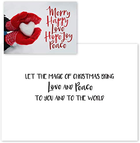 Red Mittens Heart Holiday Christmas Card - Set of 25 cards, 5'' x 7'' folded. Verse inside. Made in the USA. Blank white envelopes
