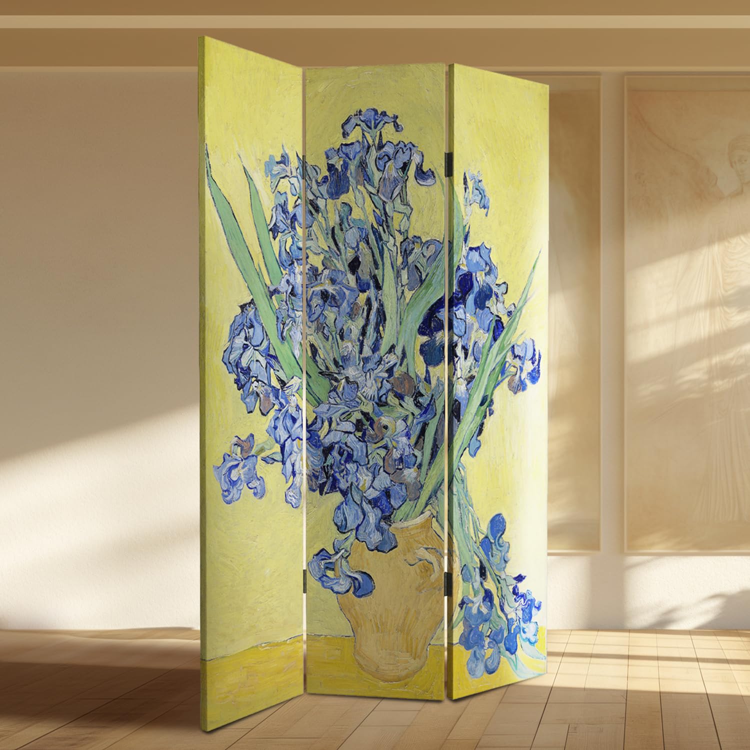 ARSTRIA 3-Panel Folding Room Divider Privacy Screen Van Gogh's Vase with Irises Against a Yellow Background Painting Canvas Foldable Portable Room Separating Divider Partition Freestanding 71'' H