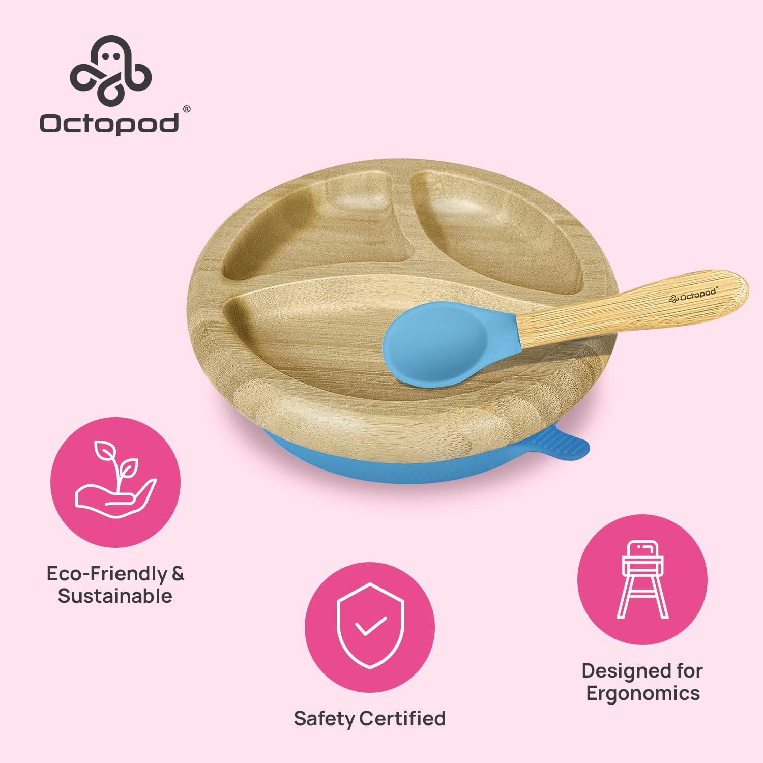 Abiie Octopod Bamboo Dish - Kids Plates for 4 months and up, 3-Compartment Baby Plates with Suction, Triangle Bamboo Baby Plate, Mess-Free Toddler Suction Plates, Baby Feeding Supplies, 8.3x1.9x7.7 in