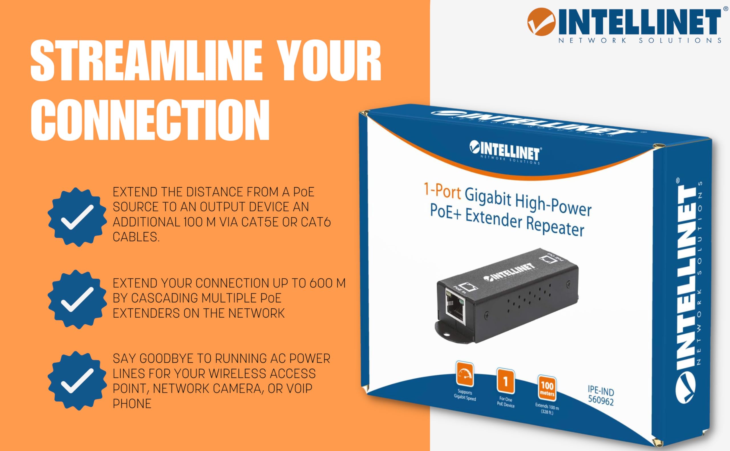 Intellinet 1-Port Indoor Gigabit PoE+ Extender Repeater – 25W Power Budget via Cat5e Cat6 RJ45 Ethernet Network Cables, Daisy-Chain – 3 Yr Mfg Warranty - 560962