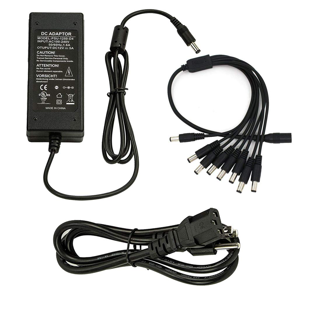 InstallerCCTV Security Camera Power Adapter 12V 5A w/ 8-Way Power Splitter Cable Power Supply, Fits DVR/NVR/AHD/TVI CCTV Security Camera System, LED Strip Lights, UL Listed