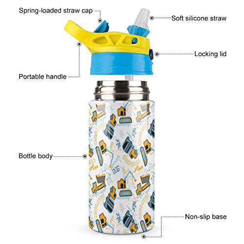 Construction Vehicles Pattern Water Bottle Stainless Steel Water Cup Coffee Mug with Straw for Home Sports Travel Blue-Style