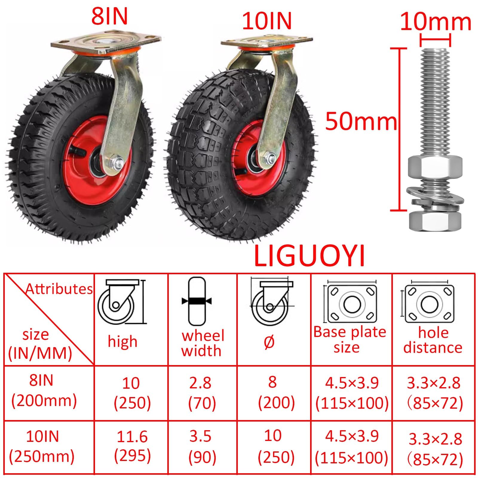 8/10-Inch Pneumatic Fixed Caster Wheel No Noise Swivel Castors with Brakes, 4pcs Wear-Resistant Replacement Foot Wheel, for Trolley Carts Furniture Dolly Workben