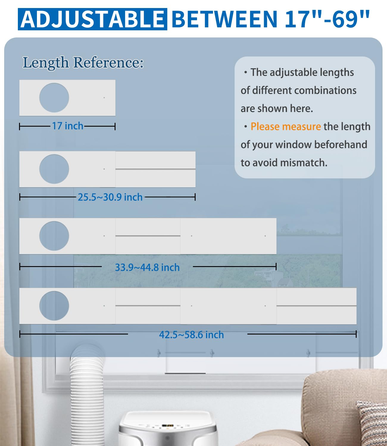 Angooni Upgraded 4-in-1 Universal Portable Air Conditioner Window Kit, Sliding Window Vent Kit for 5.9”/5.1” Hoses, Adjustable Portable AC Vent Kit from 17” to 59”, Indoor AC Window Kit, White