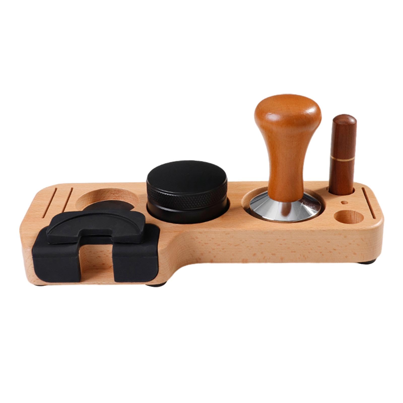 KLKCMS Espresso Accessories Kits Espresso Tamping Stand Set Barista Part Multipurpose Coffee Tamper Distributor and Stirrer for Counters Shop Cafe, Beech 51mm