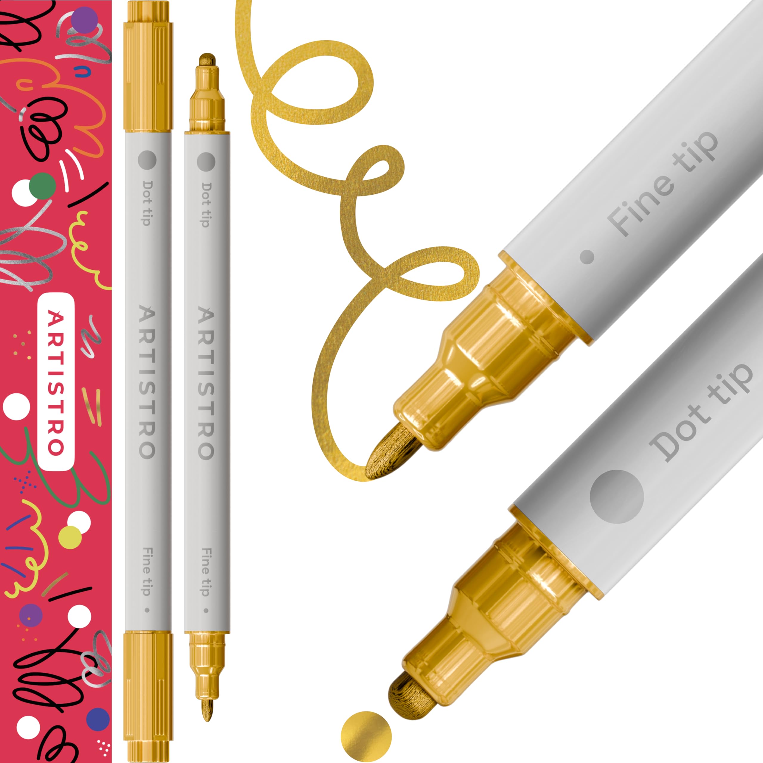 ARTISTRO 2 Gold Acrylic Paint Pens, Acrylic Paint Markers Dual Tip (Fine 1mm + Dot 5mm), Acrylic Markers for Fabric, Canvas, Rock, Glass, Wood, Paper, DYI, Paint Markers for Kids and Adults
