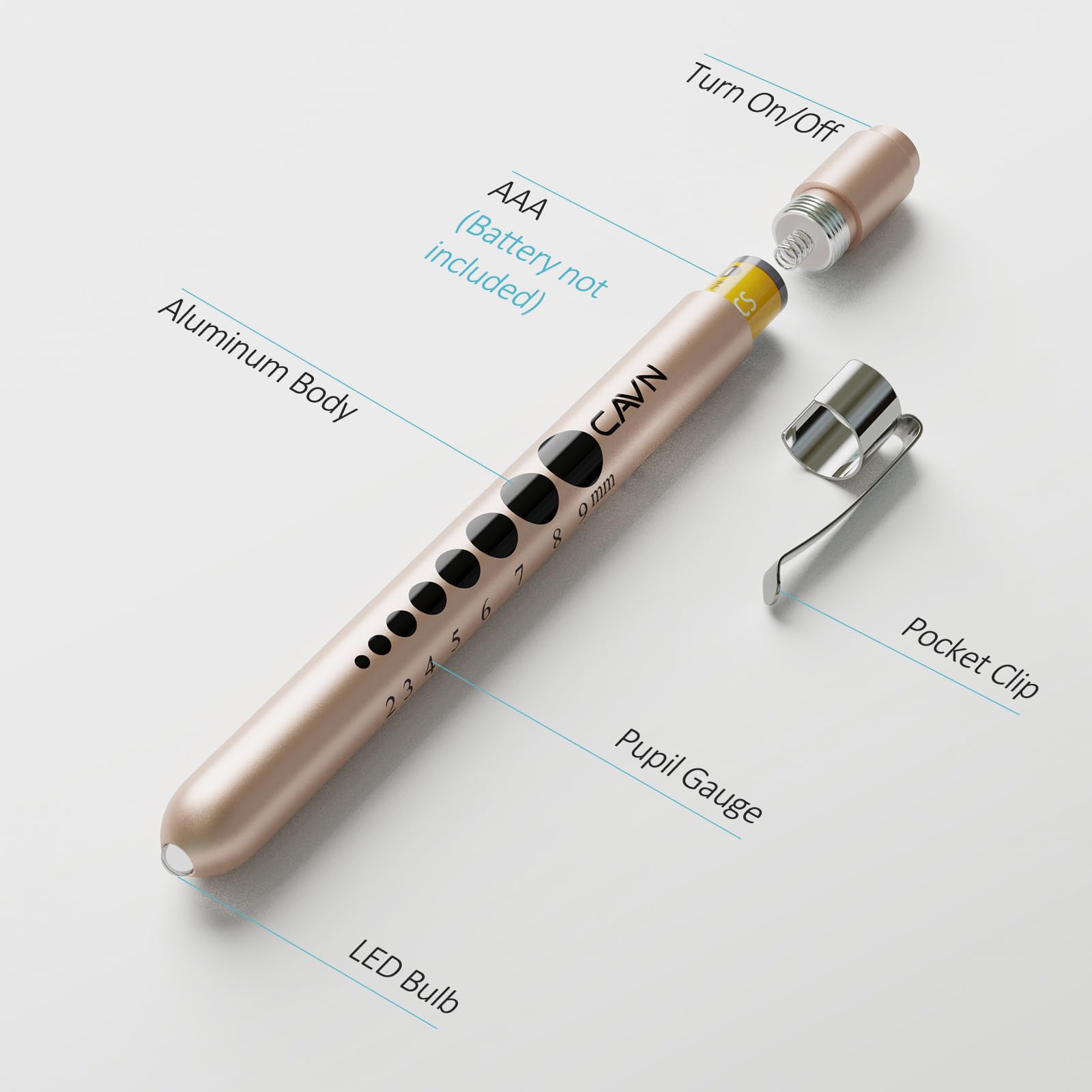 CAVN Pen Light with Pupil Gauge LED Penlight for Nurses Doctors, 2 Pcs Reusable Medical Penlight for Nursing Students (Rose Gold/White)