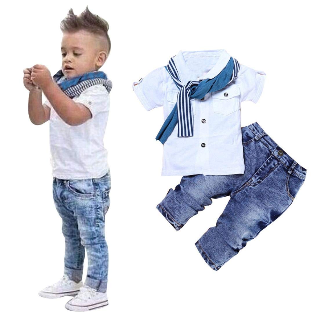 Ritatte Toddler Baby Boys Denim Outfits Short Sleeve Shirts+ Jeans Pants + Scarf 3Pcs Set Kids Casual Summer Clothes 1-6Y(White, 4-5T)