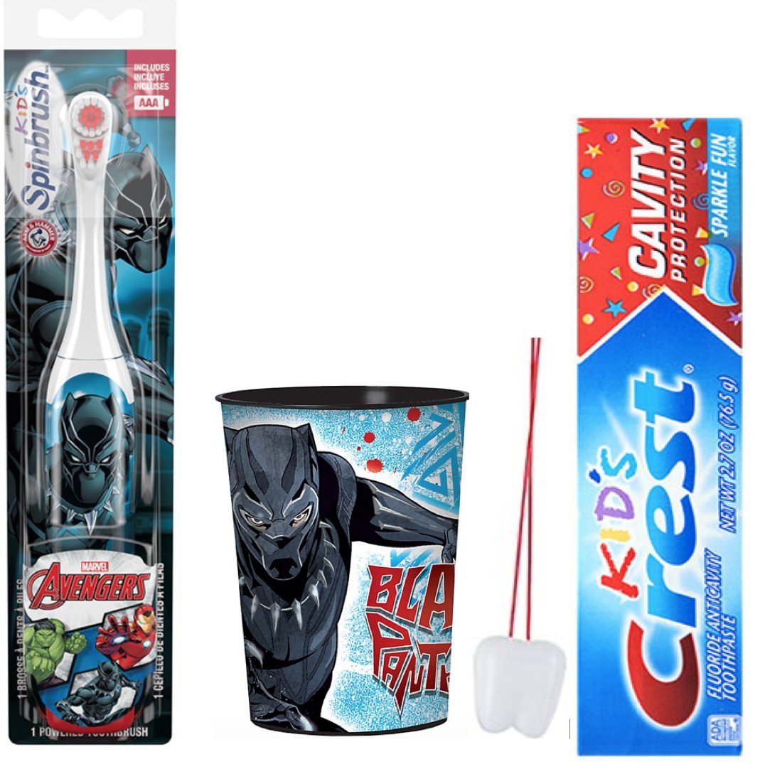 Marvel inipired, PG, firefly, smilecare Avengers Black Panther Spinbrush Kids Powered Toothbrush & Crest Sparkle Fun Toothpaste Bundle Plus Avengers Mouthwash Rinse Cup Bundle