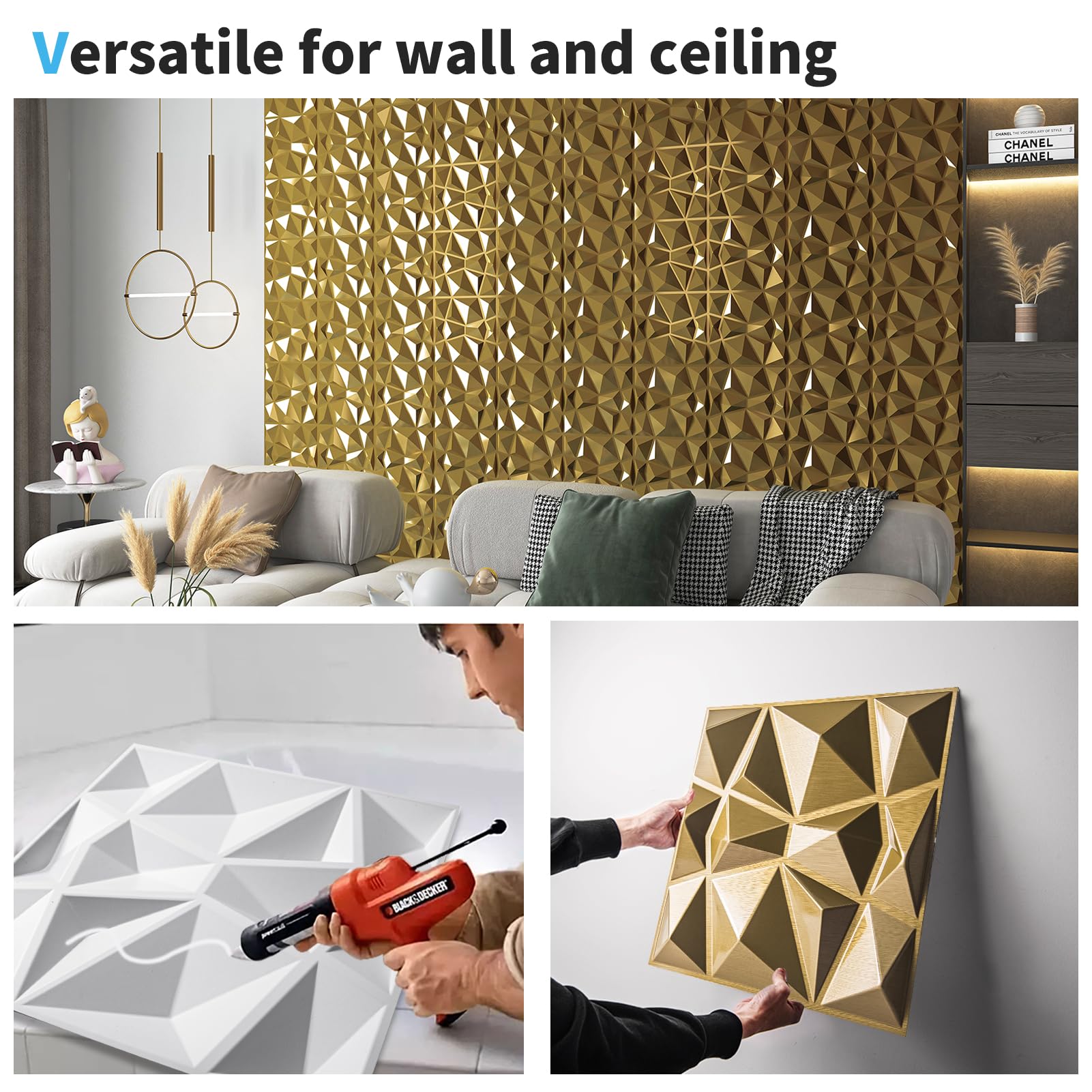 Art3d 3D Diamond Design Paneling for Interior Decor, Living Room, TV Wall Background, Bedroom, Gaming Setup, 11.8" x 11.8", Gold, 33 Pack