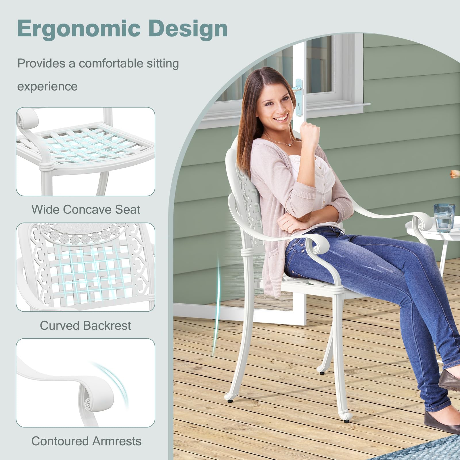 Giantex Stackable Outdoor Chairs Set of 2, All Weather Cast Aluminum Patio Chairs for Lawn Porch Garden Yard, Bistro Dining Chairs with Armrests, Adjustable Foot Pads, Easy Assembly (1, White)