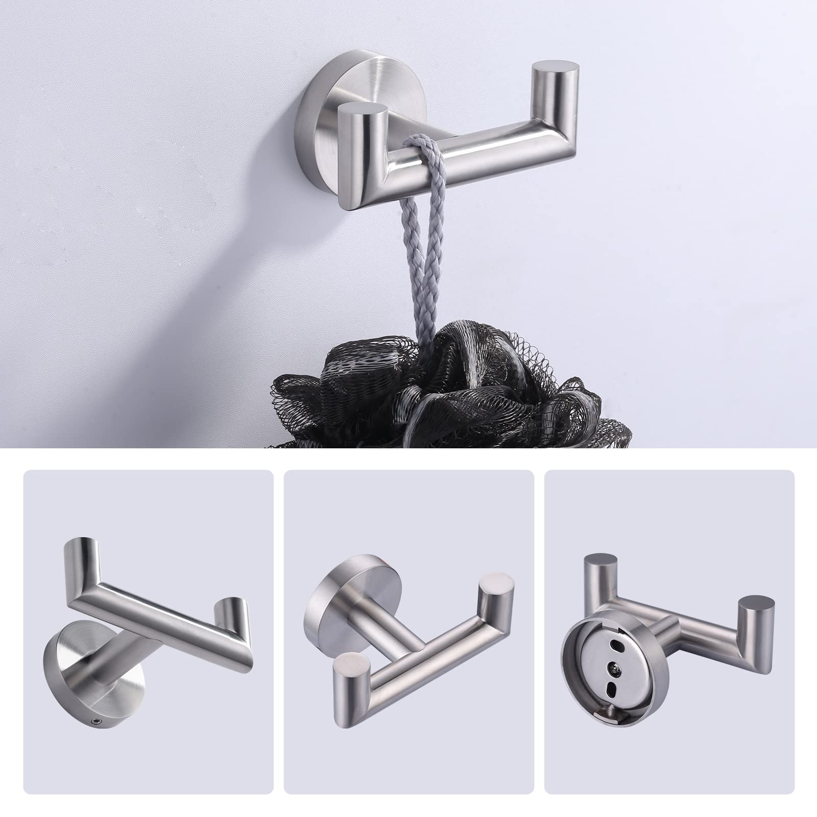ALEASHA Brushed Nickel Double Towel Hook Shower Towel Hook Stainless Steel, Heavy Duty Towel Hook for Bathroom, Wall Mount Robe Hook