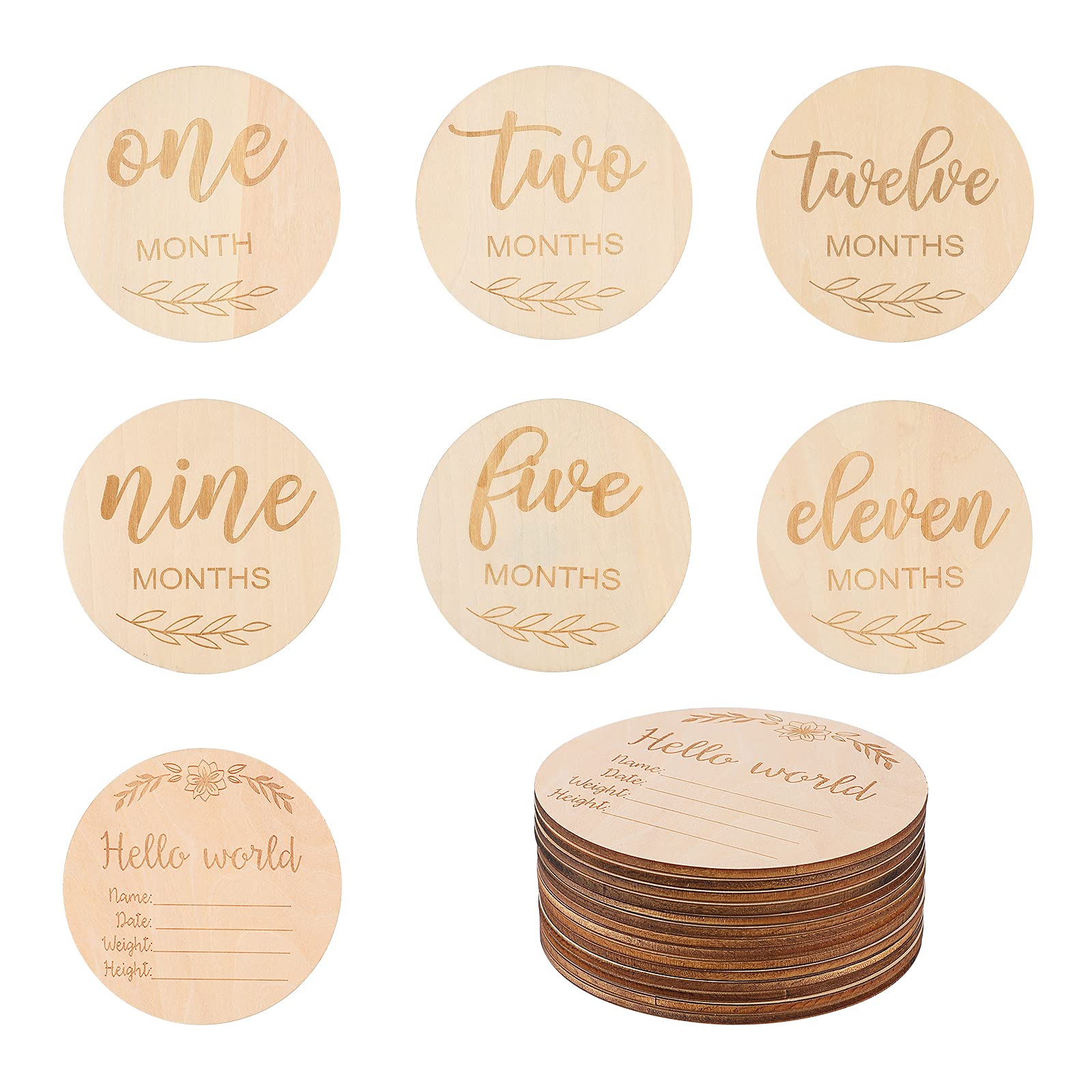 TOYANDONA 14pcs Wooden Baby Monthly Milestone Cards, Double Sided Baby Milestone Discs for Photo Props Baby Shower